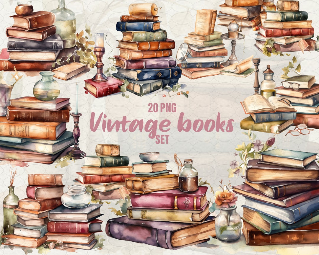 Vintage Books Clipart, School Book Clipart, 20 Png Watercolor Old Books ...