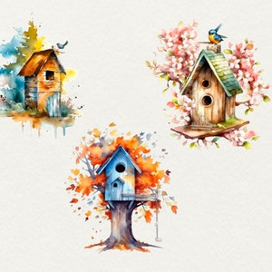 Watercolor Bird Houses Clipart, 16 PNG Floral Spring and Summer Time ...