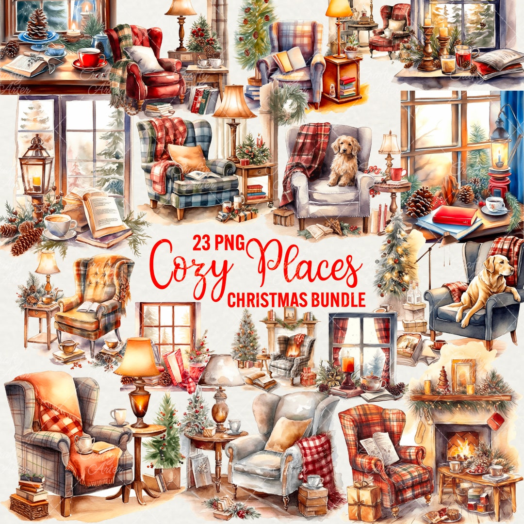 Watercolor Christmas Clipart: Cozy Home Illustration Set (23 PNG) - Etsy