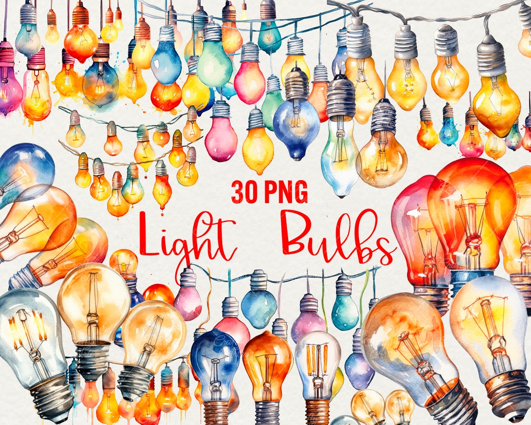 Watercolor Light Bulb Clipart 30 PNG Light Bulbs Clip Art Garland Junk ...