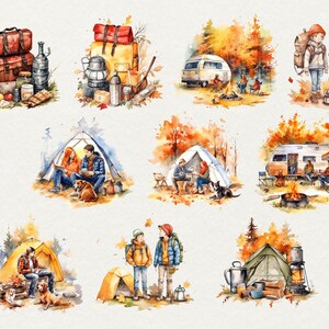 Watercolor Autumn Camping Clipart, Outdoor Camp, Bonfire, Backpack ...