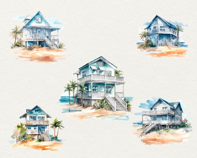 Watercolor Beach House Clipart: Tropical Island PNG (commercial Use) - Etsy