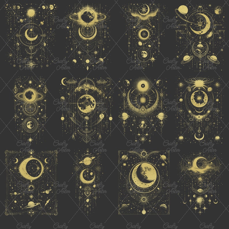 Gold Celestial Clipart Overlays: Moon, Stars, Planets (PNG Digital ...