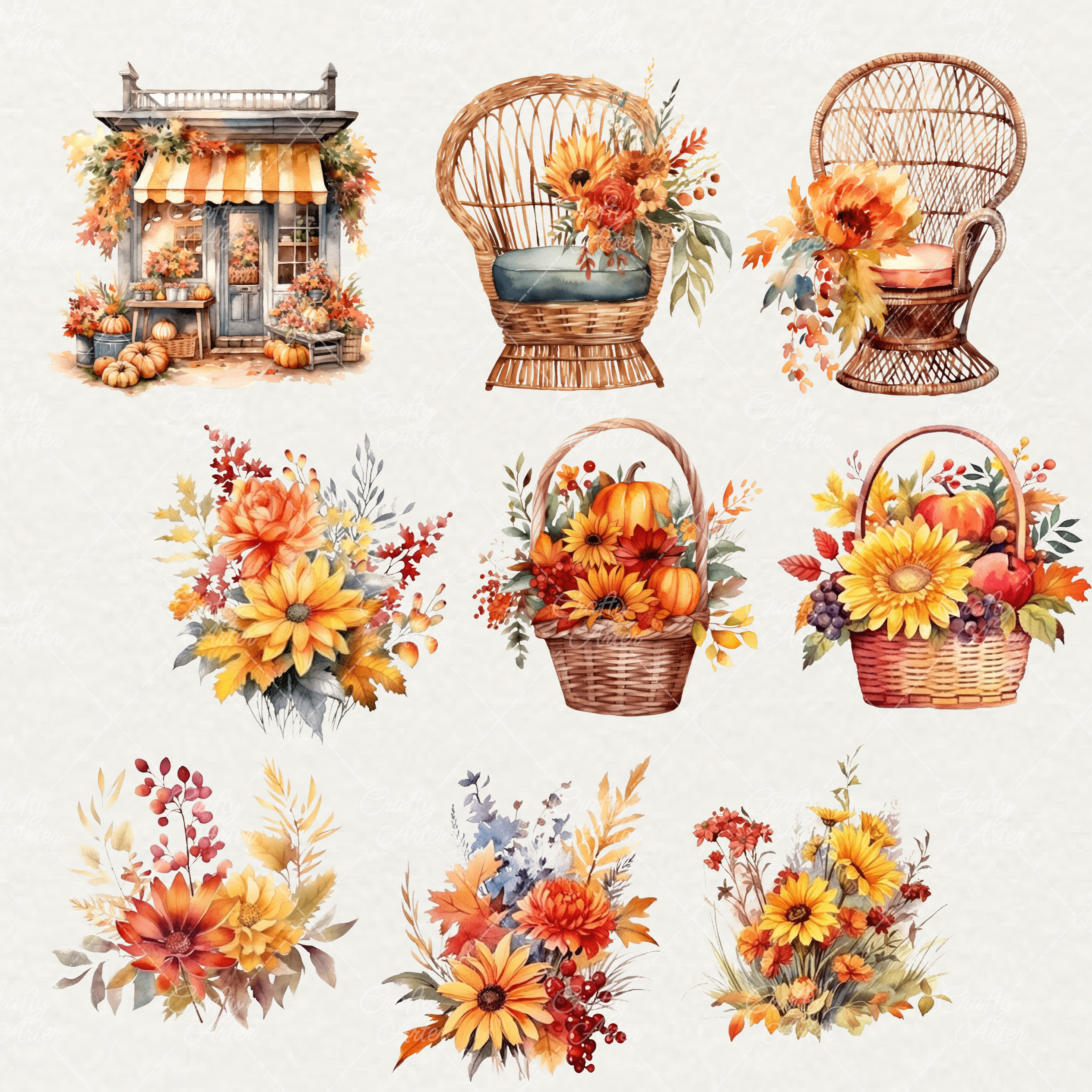 Watercolor Autumn Clipart: 59 PNG Floral Illustrations (commercial Use ...