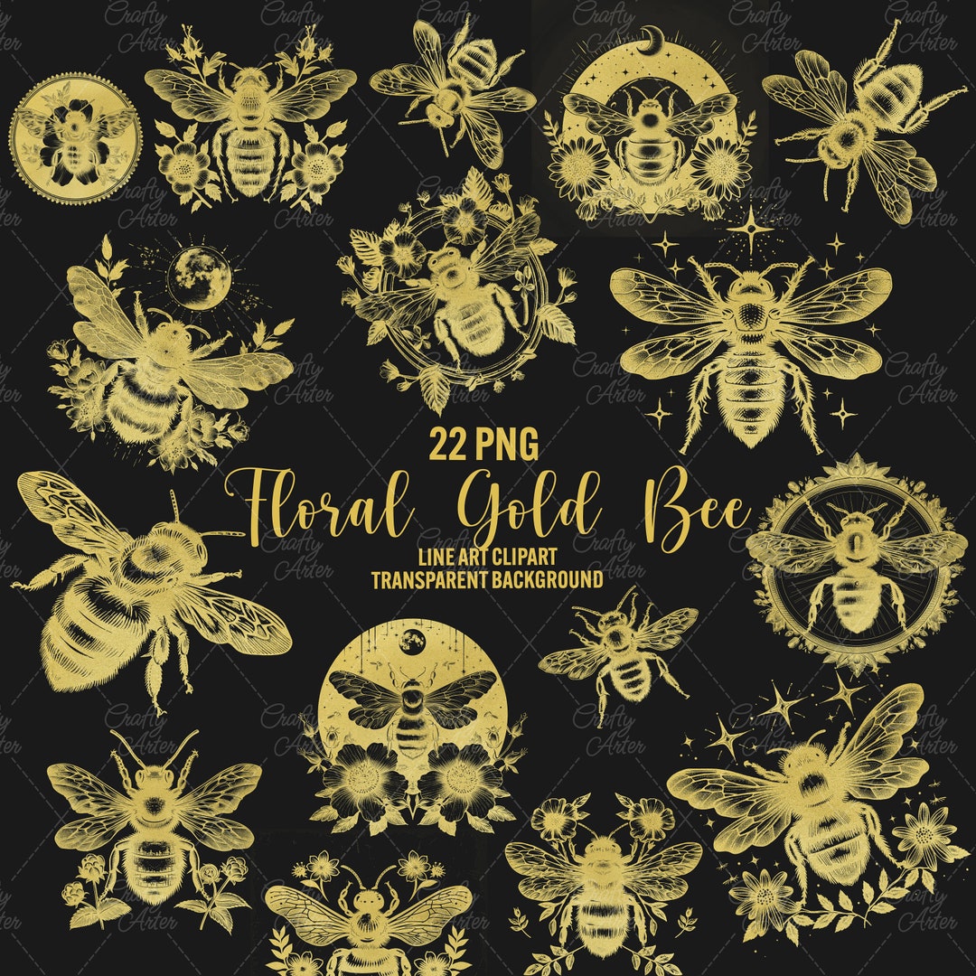Floral Gold Bee Clipart, 22 Png Golden Bee Line Art, Bumble Bee, Queen ...