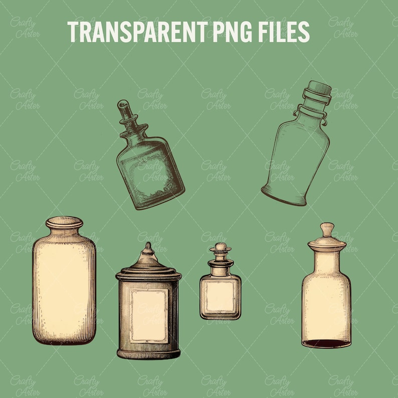 Vintage Apothecary Bottles Clipart: Antique Jars PNG Overlays (digital ...