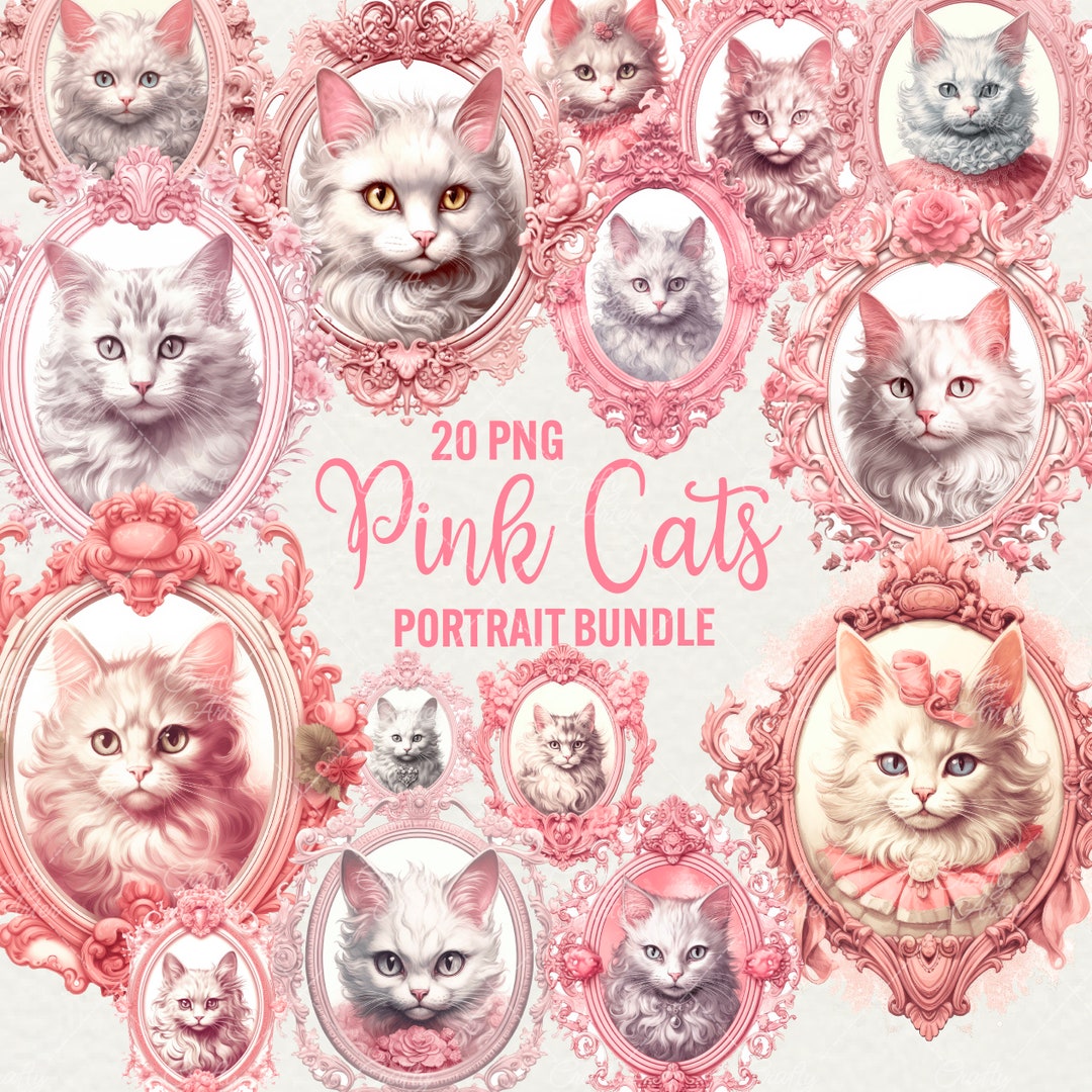 Watercolor Rococo Cats Clipart, 20 PNG Pastel Pink Elegant Cat, Pink ...