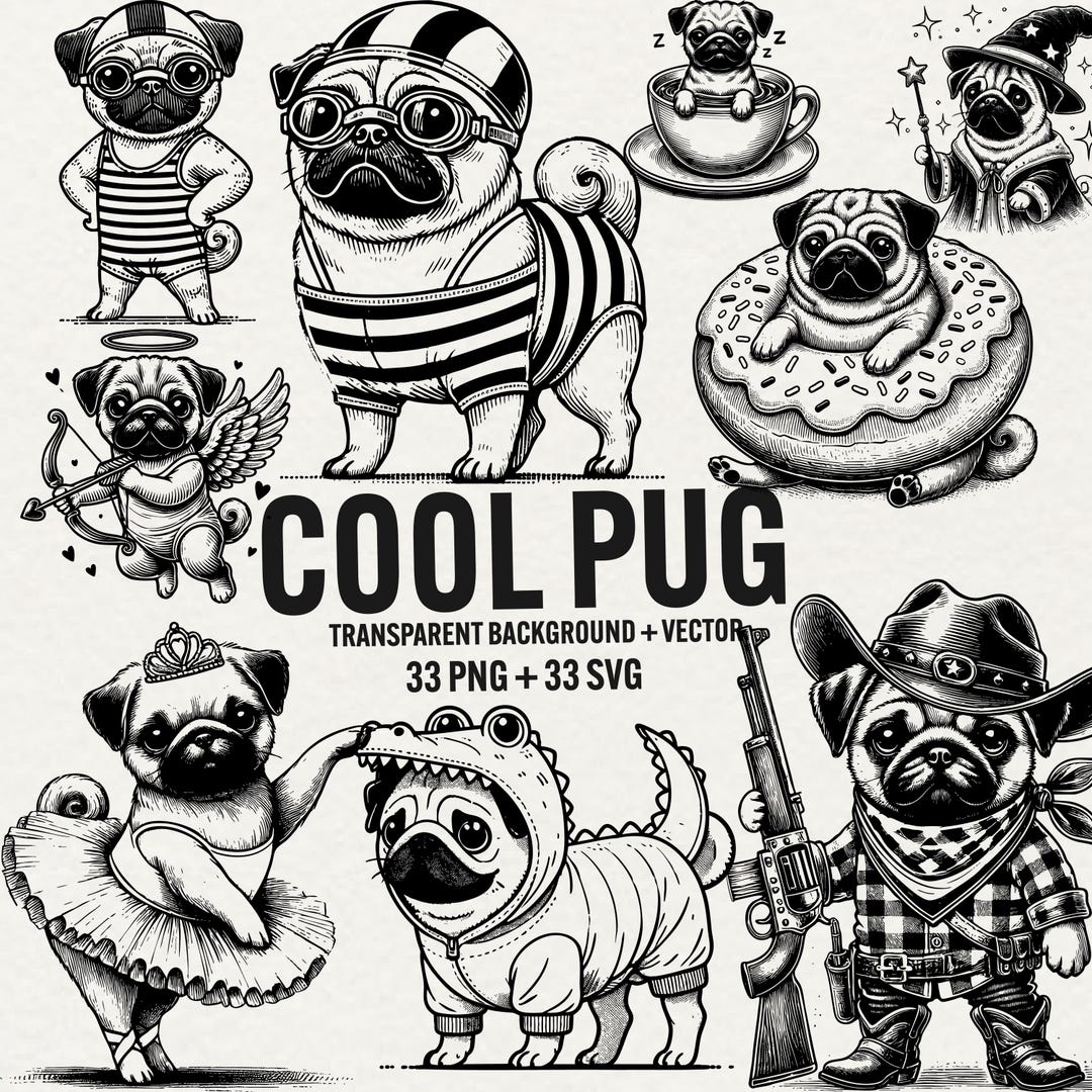 Funny Pug Clipart Bundle, Dog Graphics, Vector Illustrations (SVG PNG ...