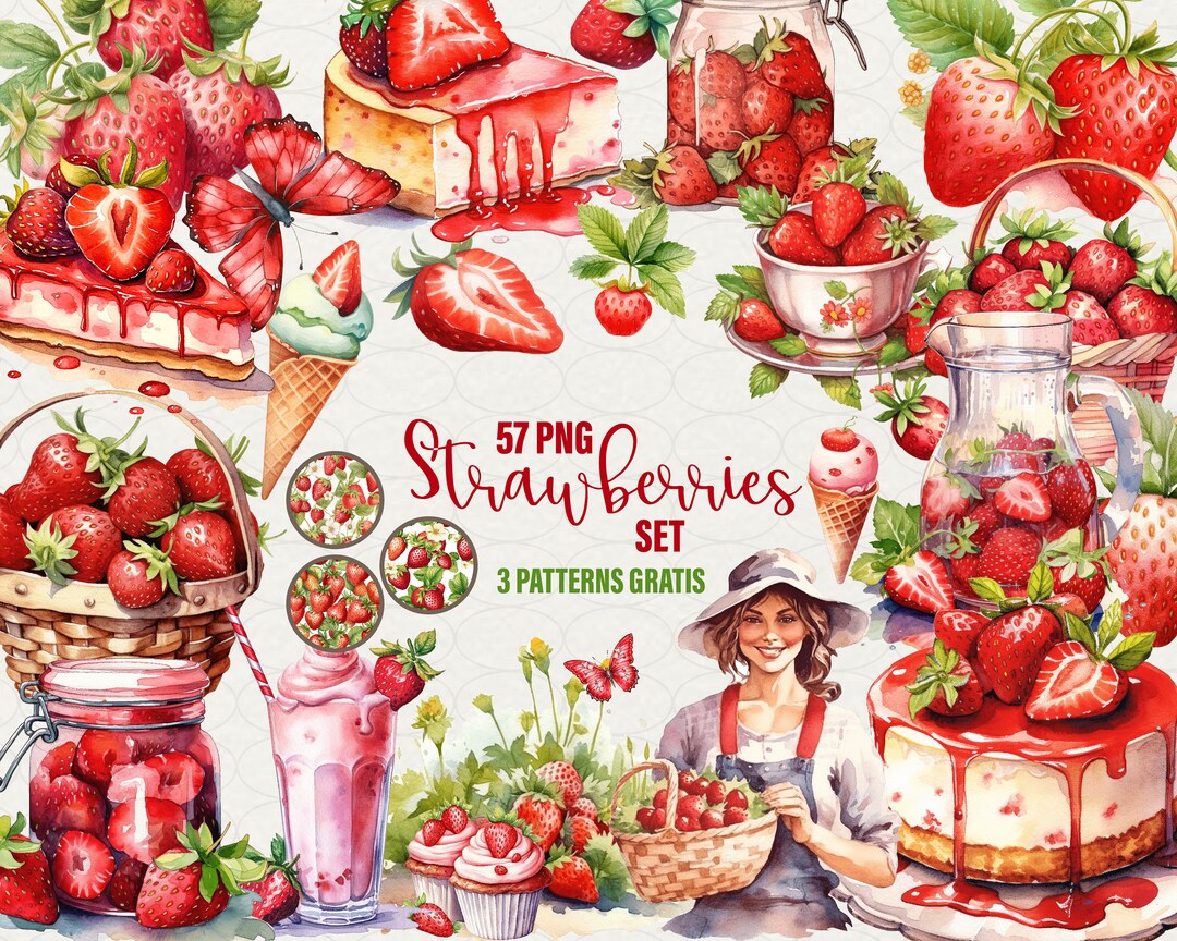 Watercolor Strawberries Clipart, 57 PNG Digital Art Strawberry Lemonade ...