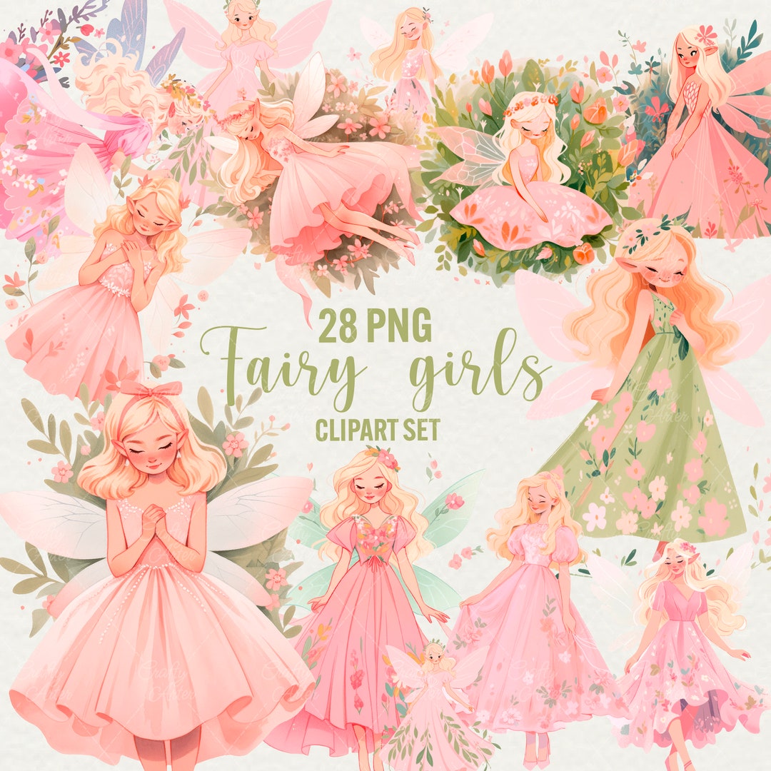 Watercolor Fairy Girls Clipart, 28 Png Pink Fairies, Floral Fantasy ...