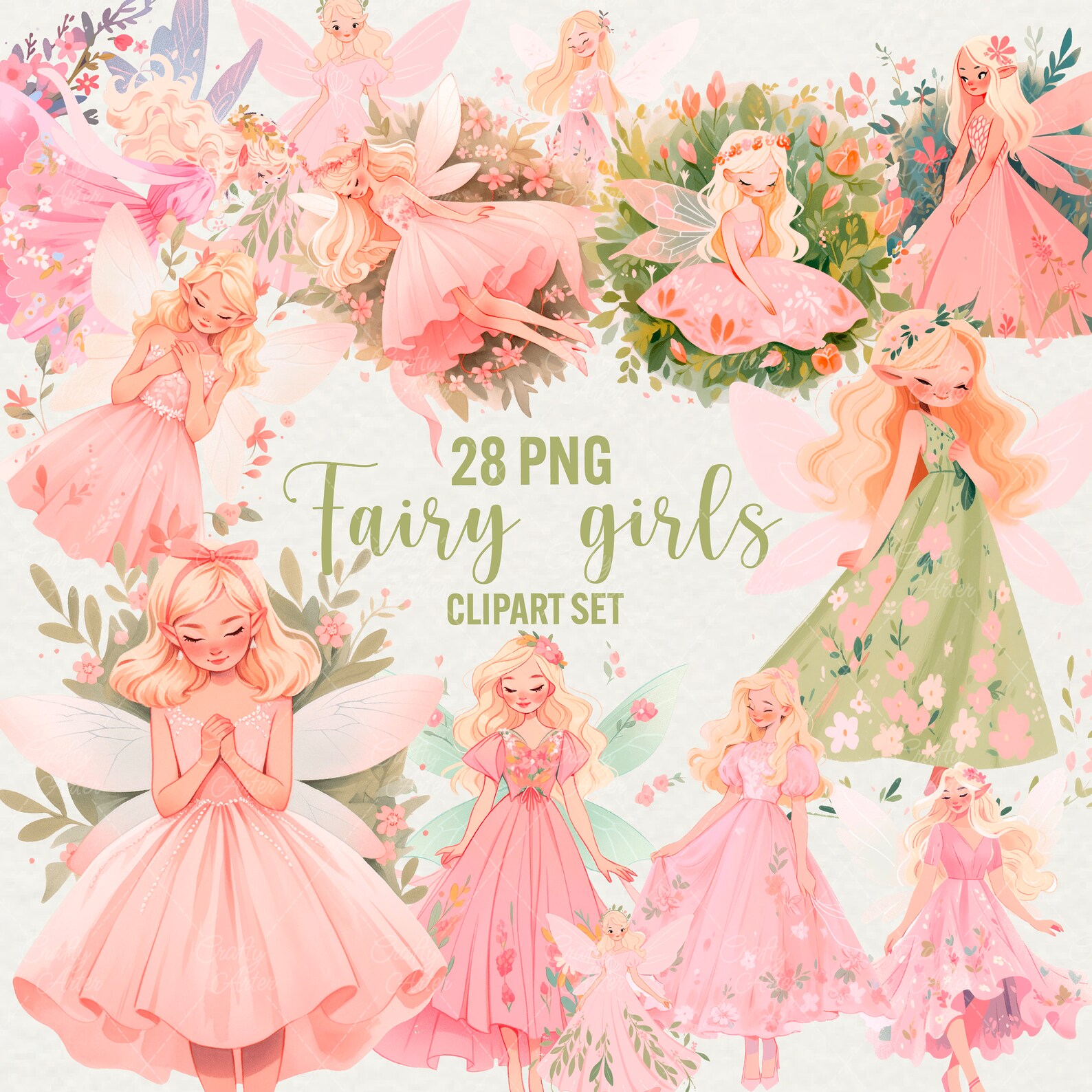 Watercolor Fairy Girls Clipart: 28 PNG Floral Fantasy Graphics ...