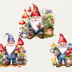 Watercolor Garden Gnome Clipart, 17 PNG Fantasy Floral Spring Gnome ...