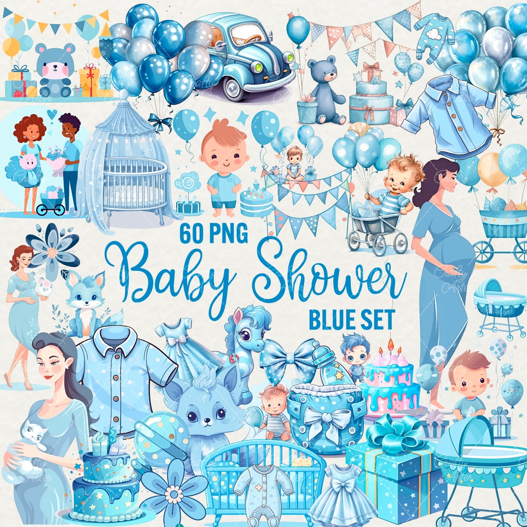 Blue Baby Shower Clipart Graphics, 60 PNG Pastel Clipart Vintage ...