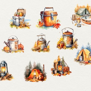 Watercolor Autumn Camping Clipart, Outdoor Camp, Bonfire, Backpack ...