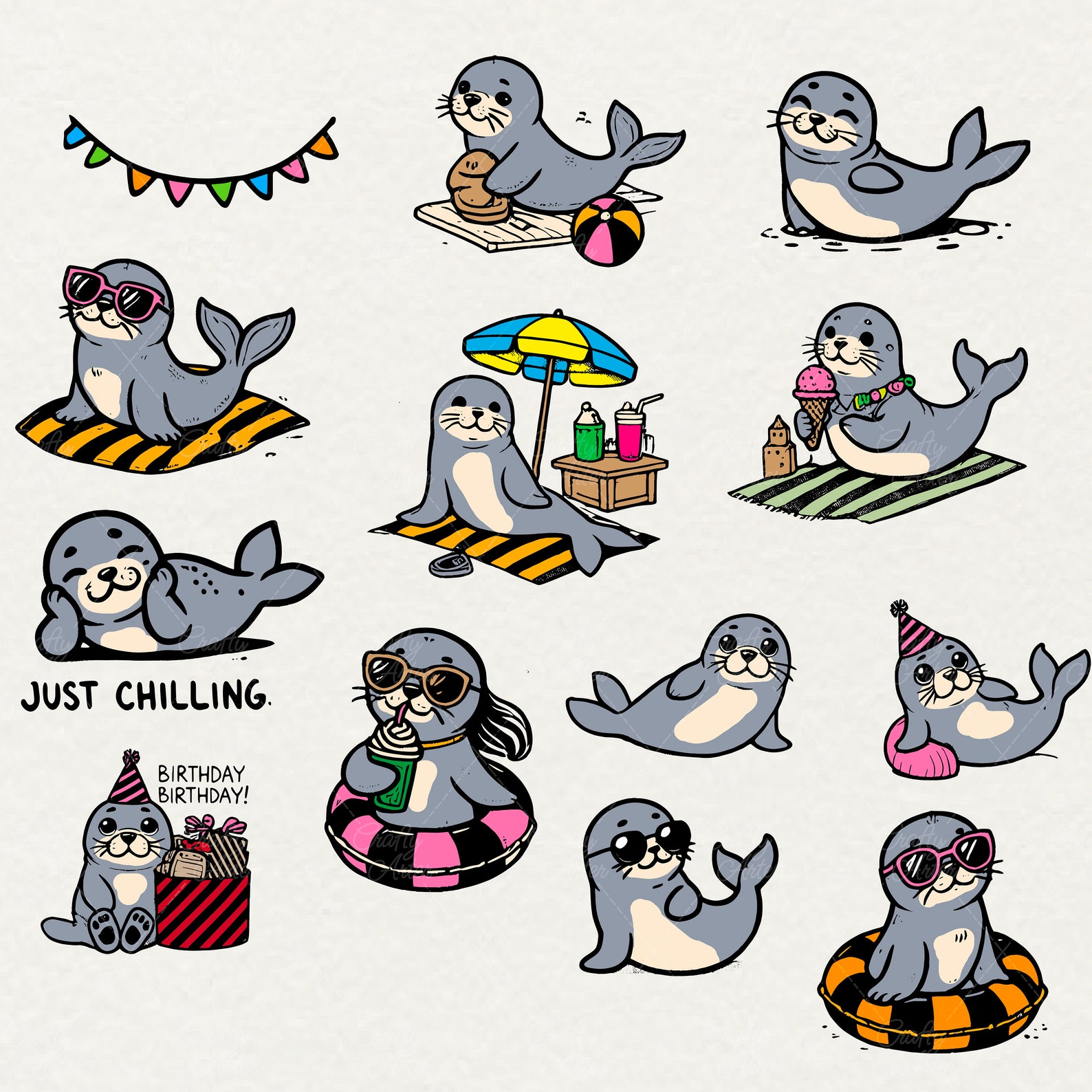 Seal Chill Clipart Bundle, Summer Animals (PNG, SVG) - Etsy