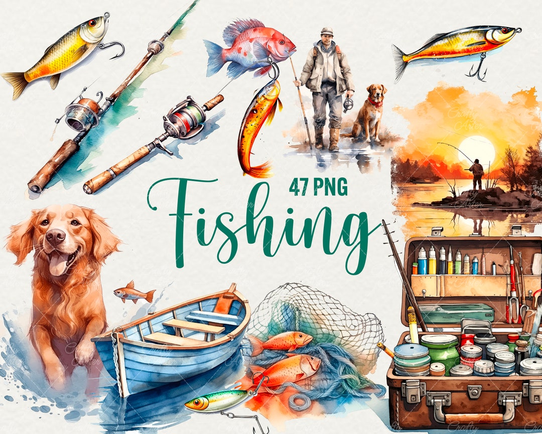 Watercolor Fishing Clipart, Fishing Clipart Bundle, Fishing 47 PNG Clip ...