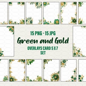 Green Flowers Overlays for Invitations, Gift Card, 15 Green and Gold ...