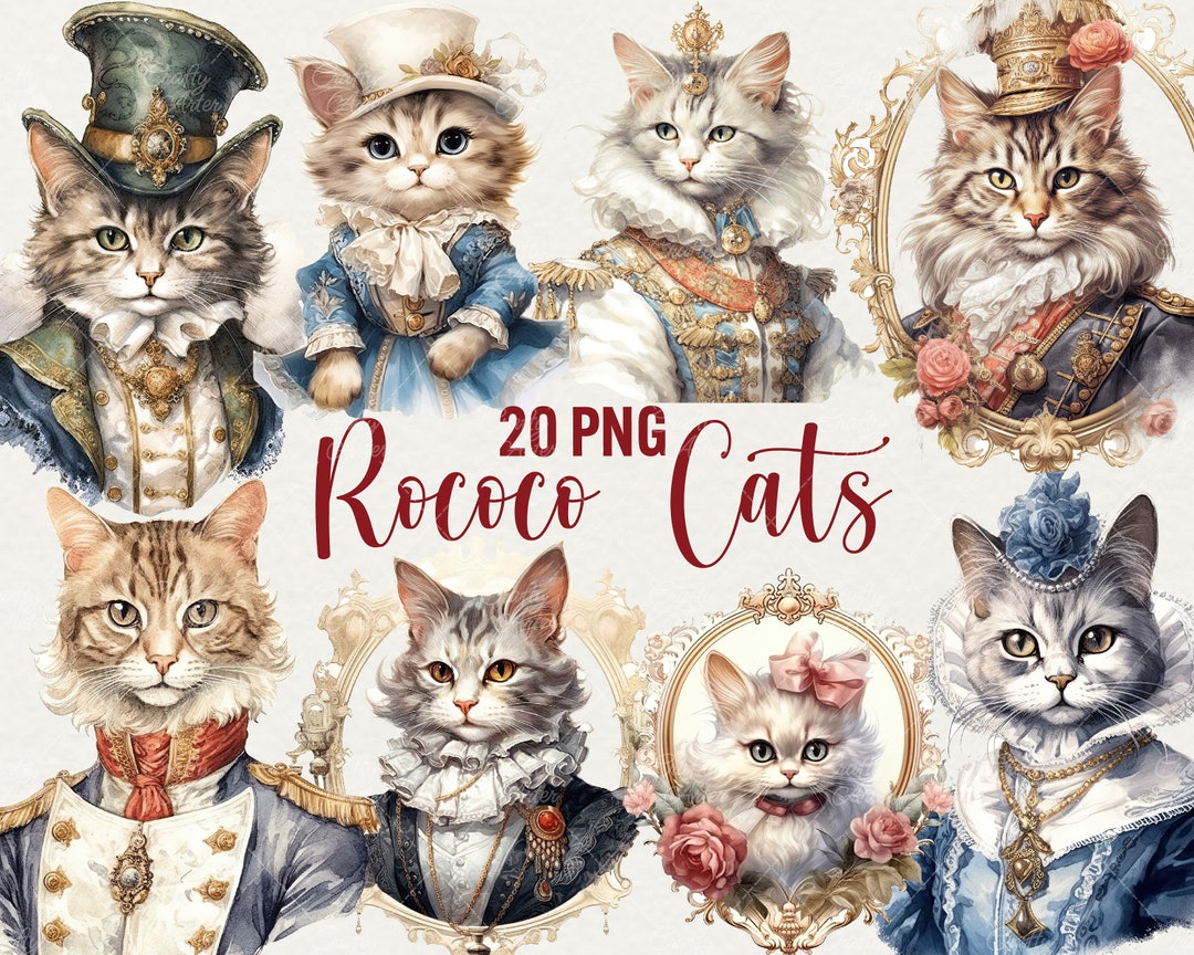 Watercolor Rococo Cats Clipart, Cute Animal Clipart, 20 PNG Rococo ...