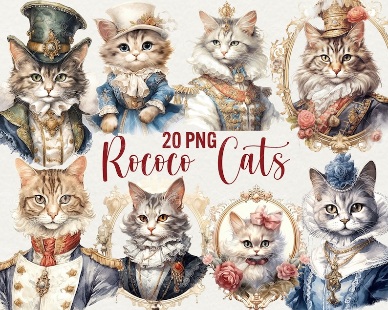 Watercolor Rococo Cats Clipart: Elegant Animal PNG (commercial Use) - Etsy