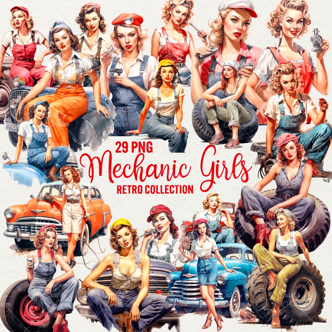 Watercolor Mechanic Girls Clipart: 29 PNG Pin-up Illustrations ...