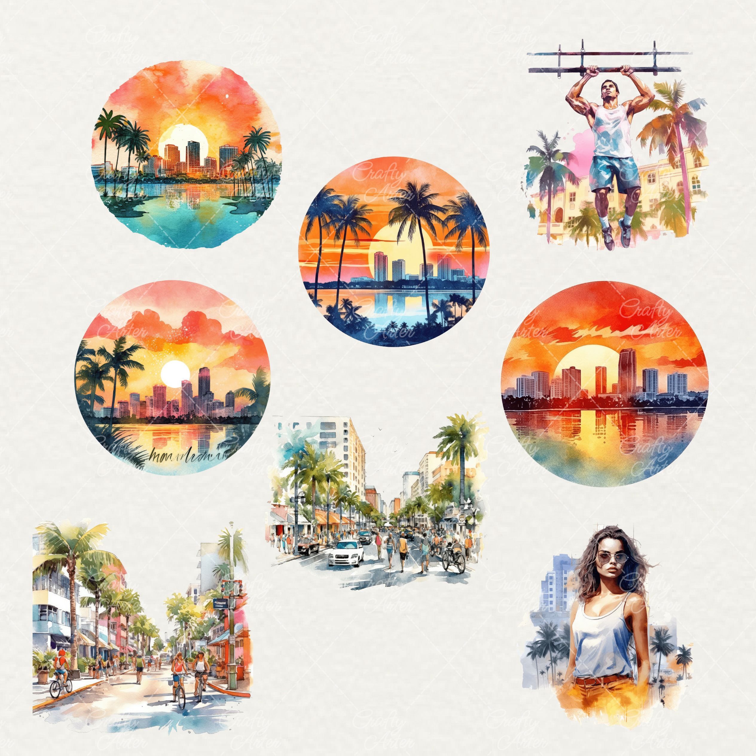 Watercolor Miami Clipart Set: 42 PNG Summer Beach Graphics (commercial ...