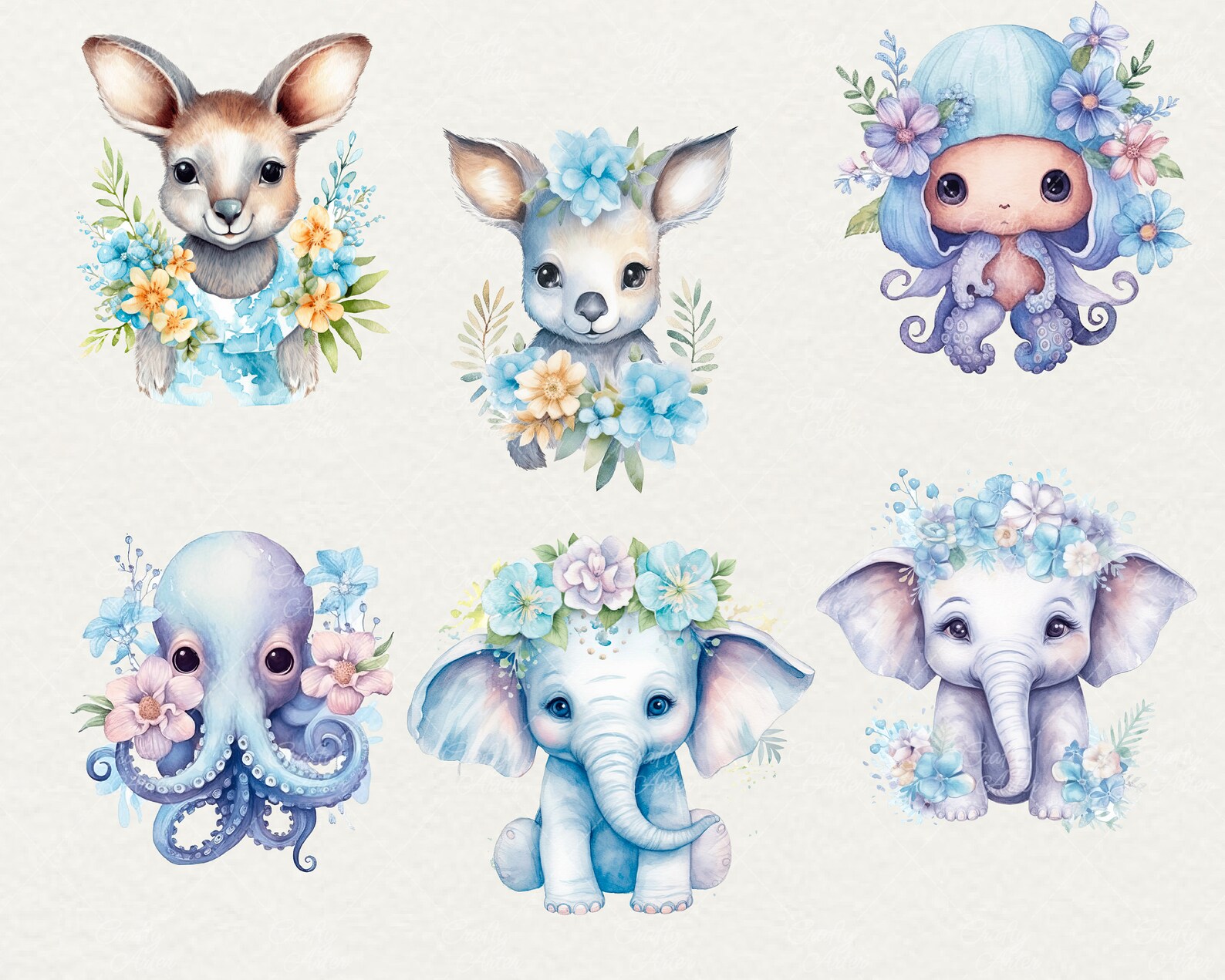 Watercolor Boho Animals Clipart: 40 PNG Pastel Blue Floral Designs - Etsy