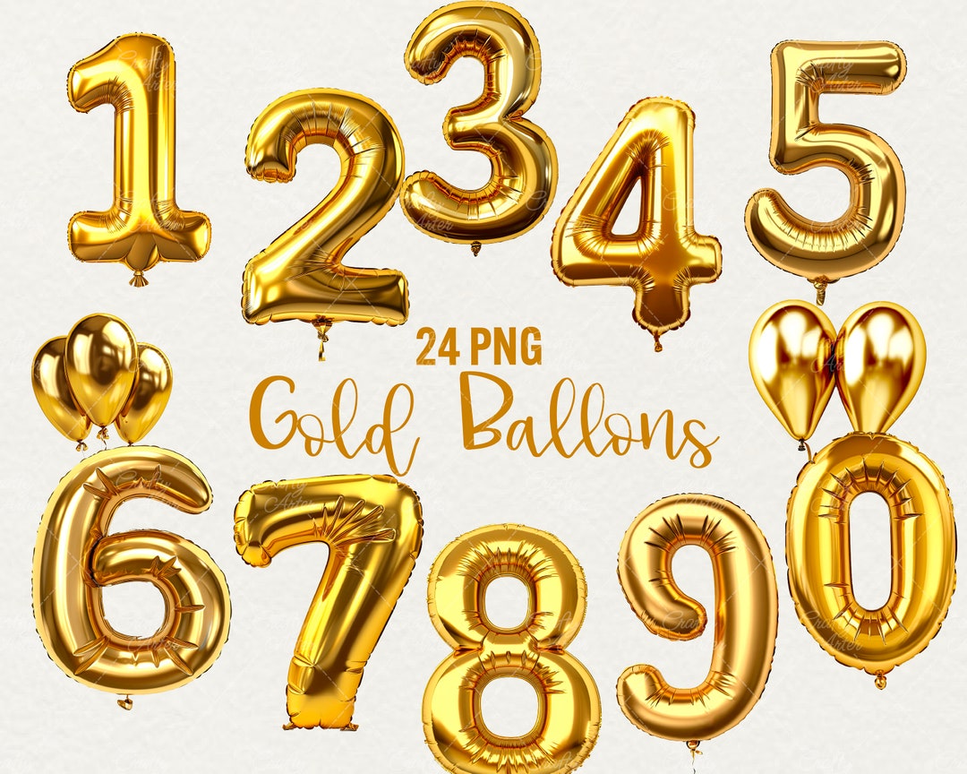 Gold Foil Number Balloons Clipart: 24 PNG, Scrapbook Graphics - Etsy