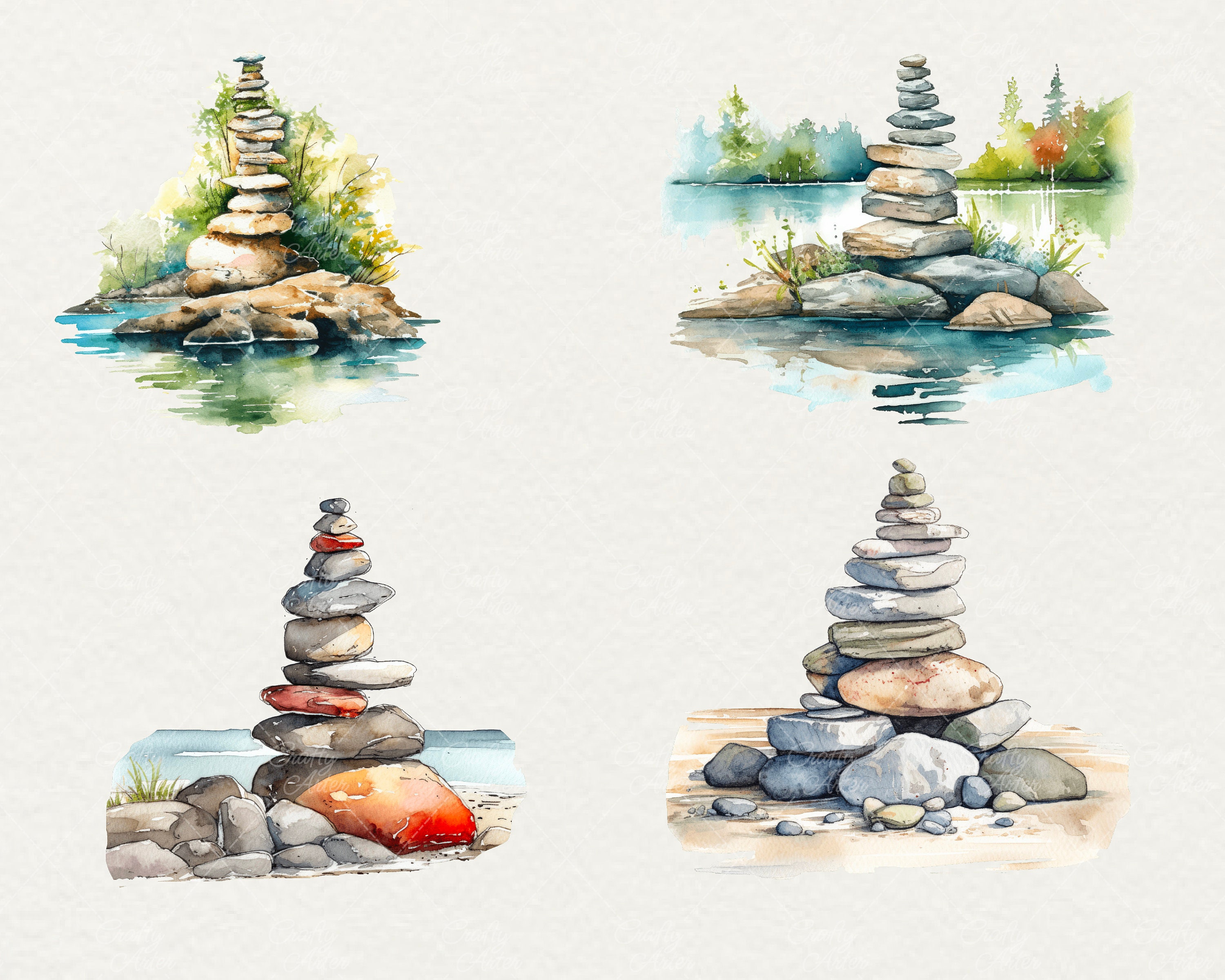 Watercolor Stone Cairns Clipart 26 Png Watercolor Balance - Etsy