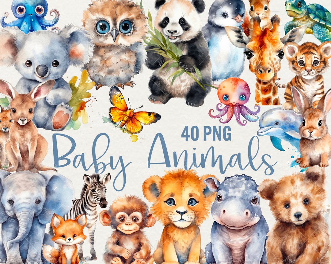 Watercolor Baby Animals Clipart, 40 PNG Flower Baby Animal Clipart Boho ...