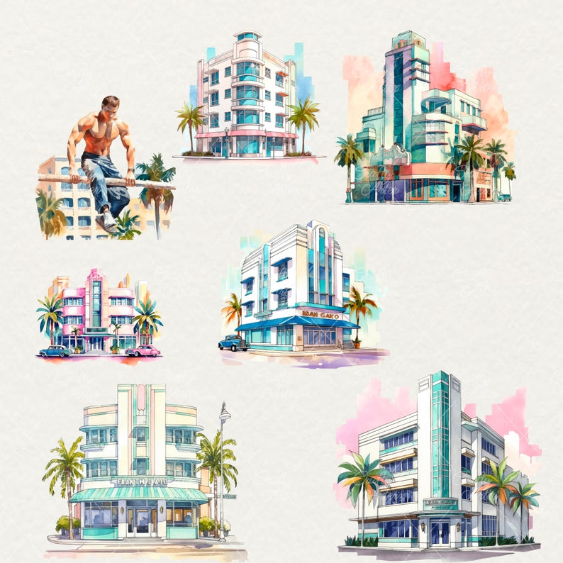 Watercolor Miami Clipart Set: 42 PNG Summer Beach Graphics (commercial ...
