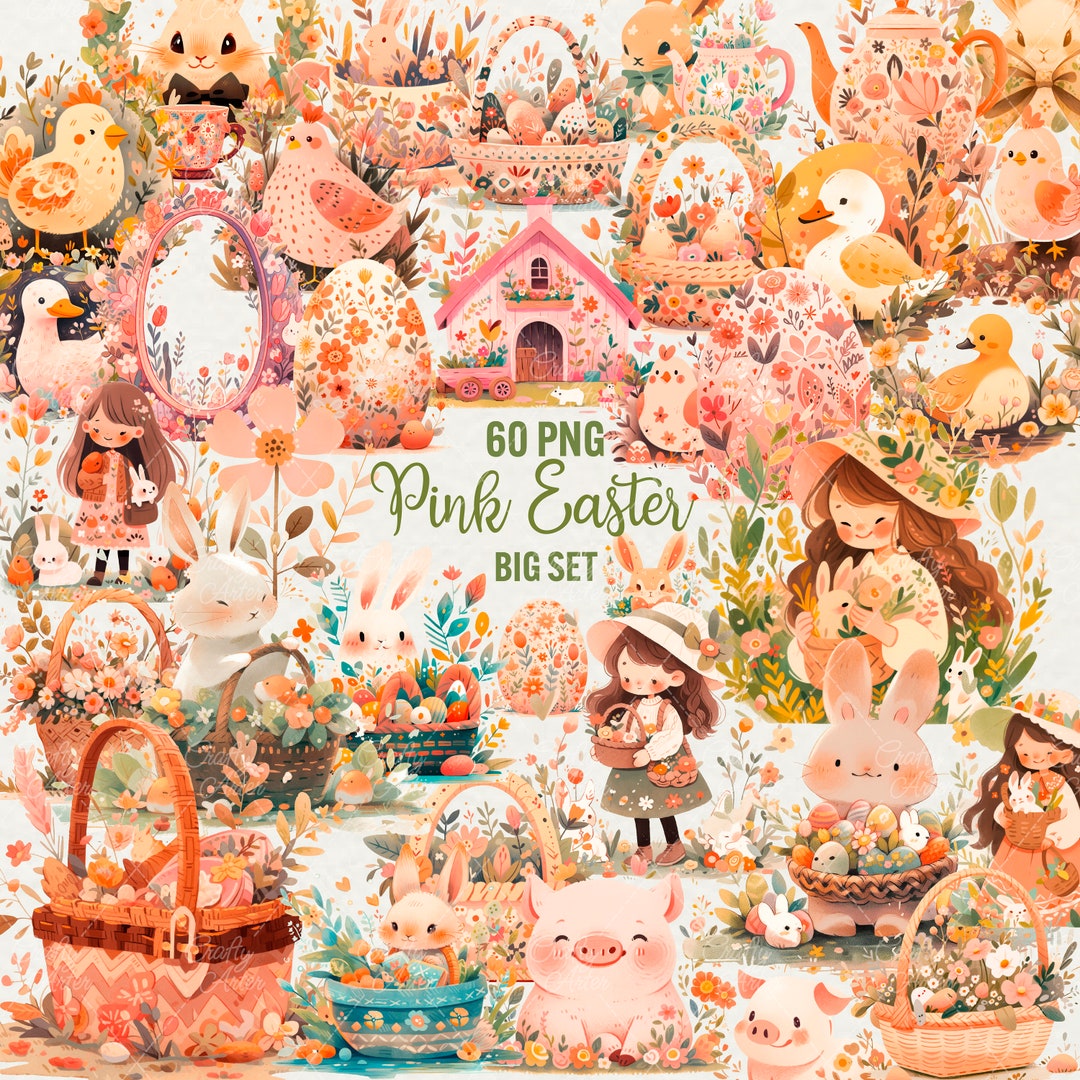 Pink Easter Watercolor Clipart Png Bundle, 60 PNG, Easter Spring Boho ...