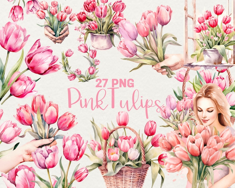 Watercolor Pink Tulips Clipart 27 PNG Watercolor Tulips - Etsy