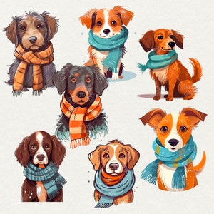 Dog in Scarf Winter Clipart, 20 PNG Cartoon Dogs in Scarf, Christmas ...