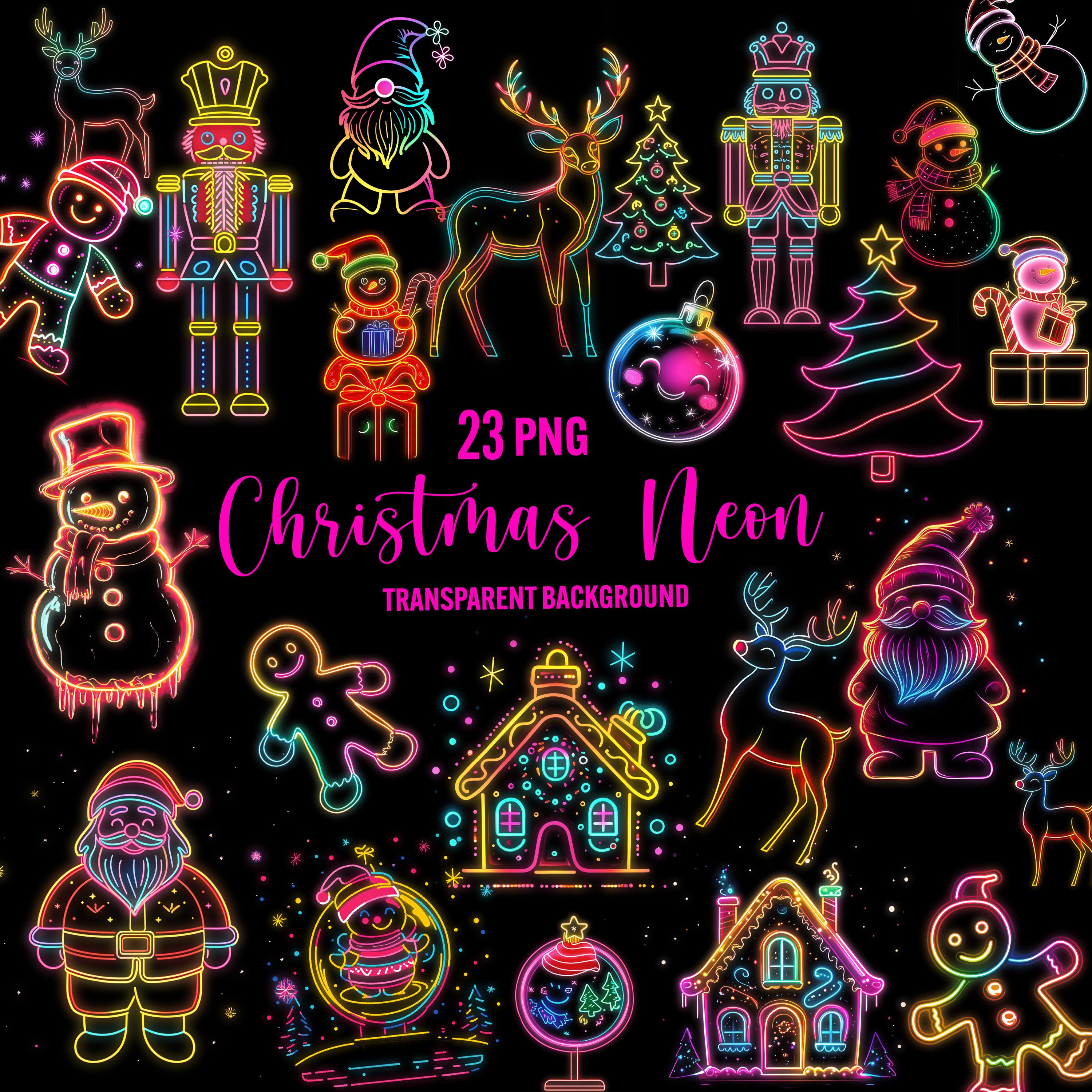 Neon Christmas Clipart Set: 23 PNG Holiday Illustrations (transparent ...