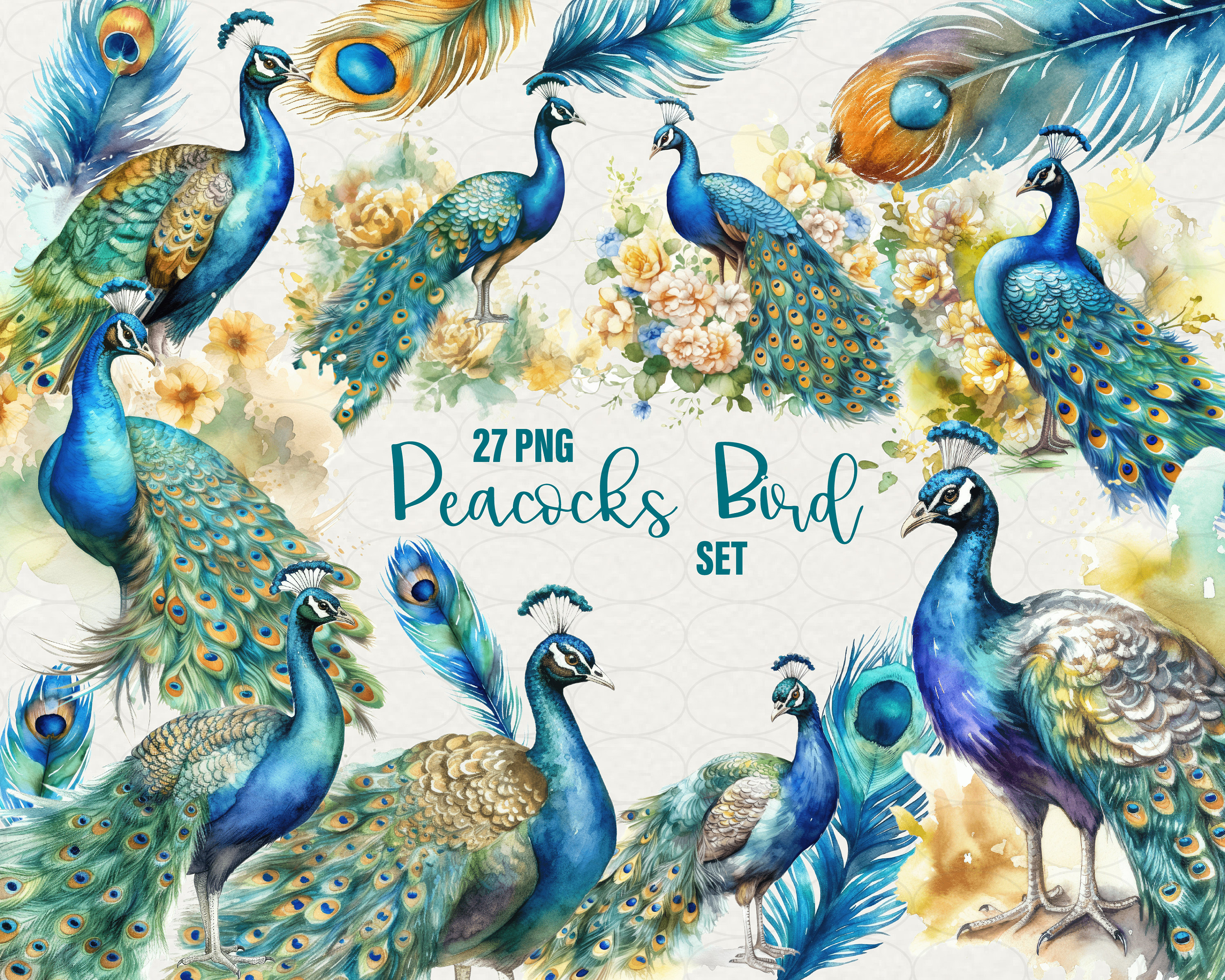 Watercolor Peacocks Clipart: 27 PNG Graphics (commercial Use) - Etsy