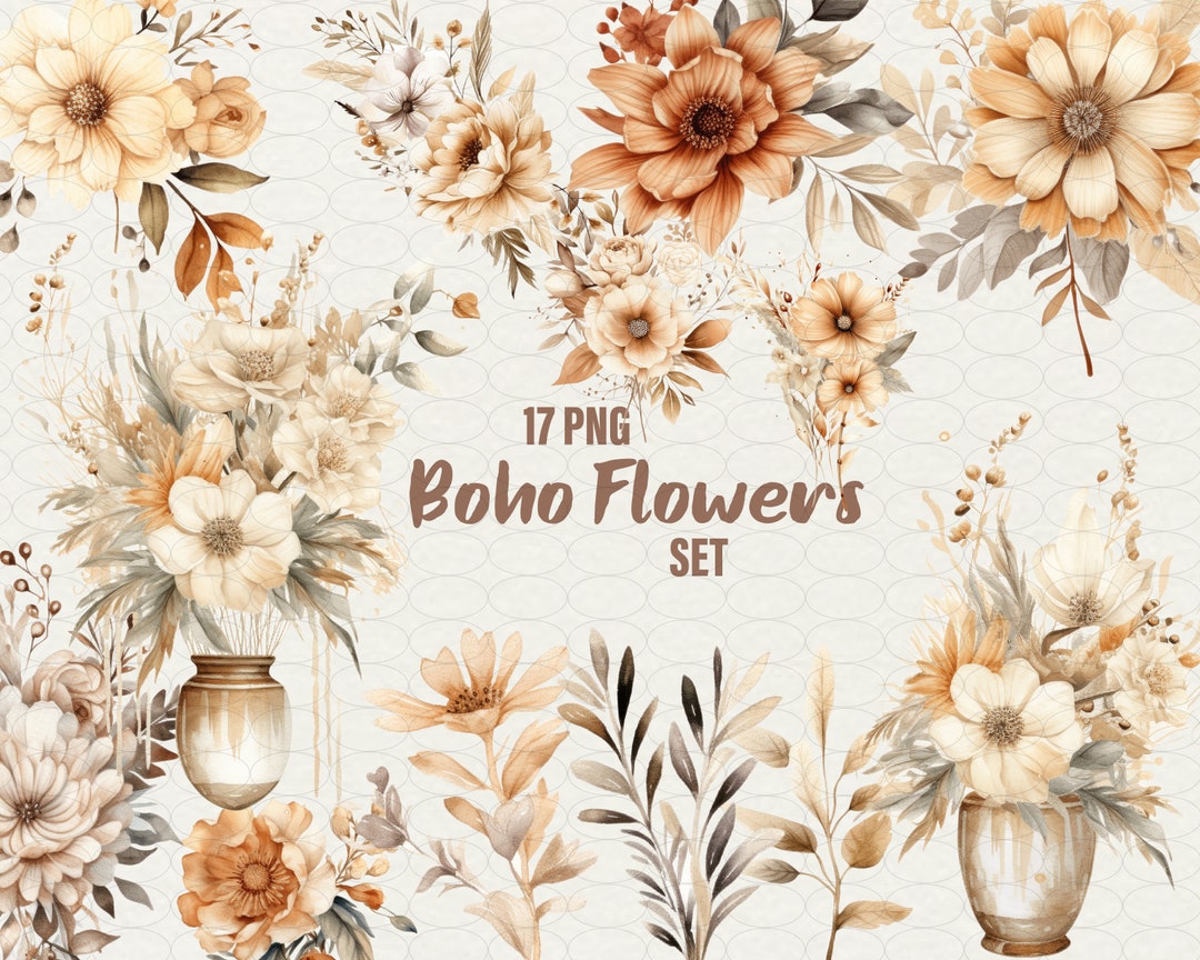Elegant Boho Flowers Clipart, 17 Png, Digital Art, Card Making, Boho ...