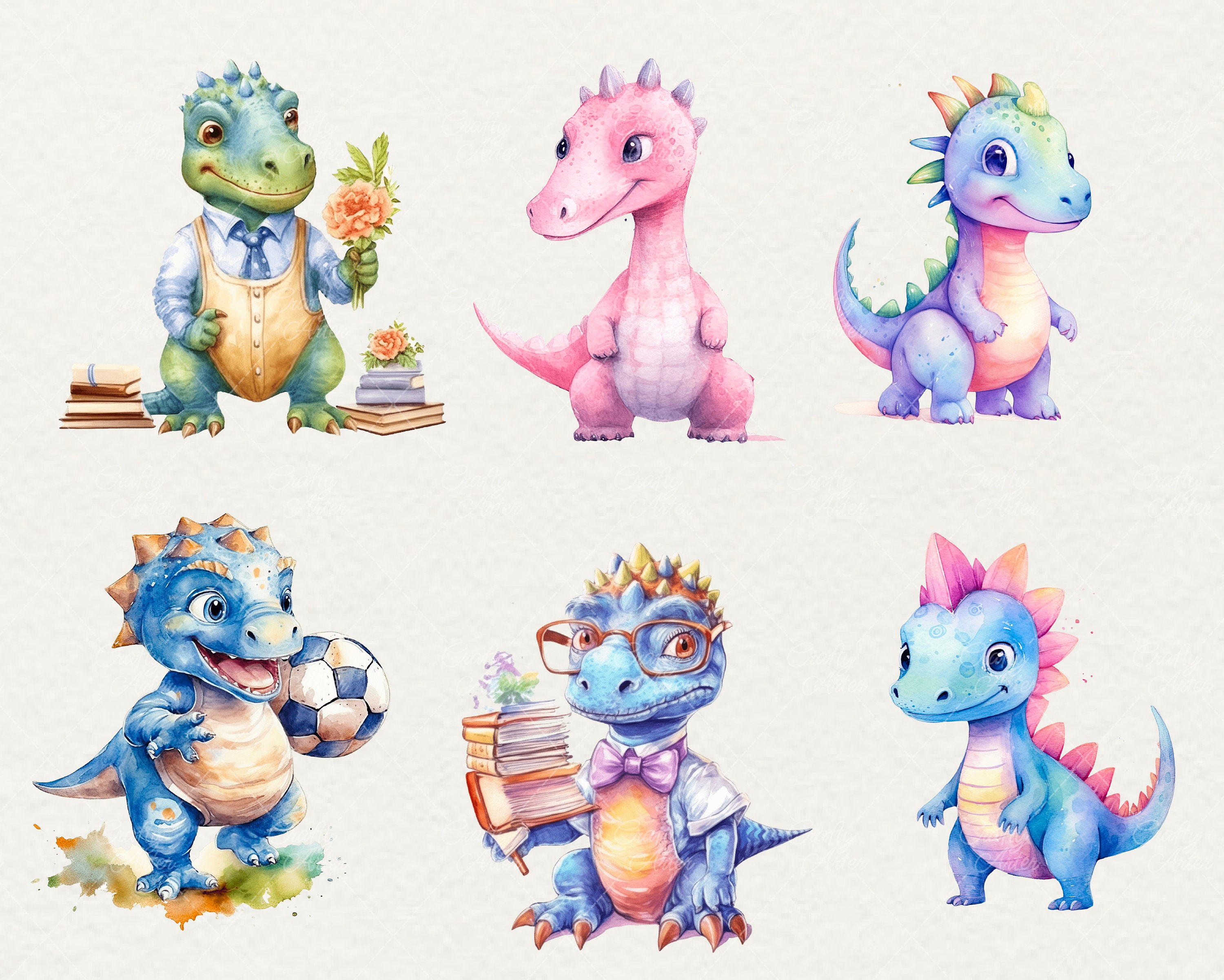 Watercolor Baby Dinosaur Clipart: 39 PNG Illustrations (commercial Use ...