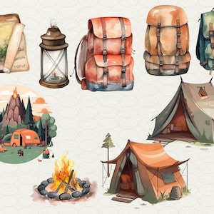 Watercolor Camping Clipart, Outdoor Camp, Bonfire, Backpack, Tent ...