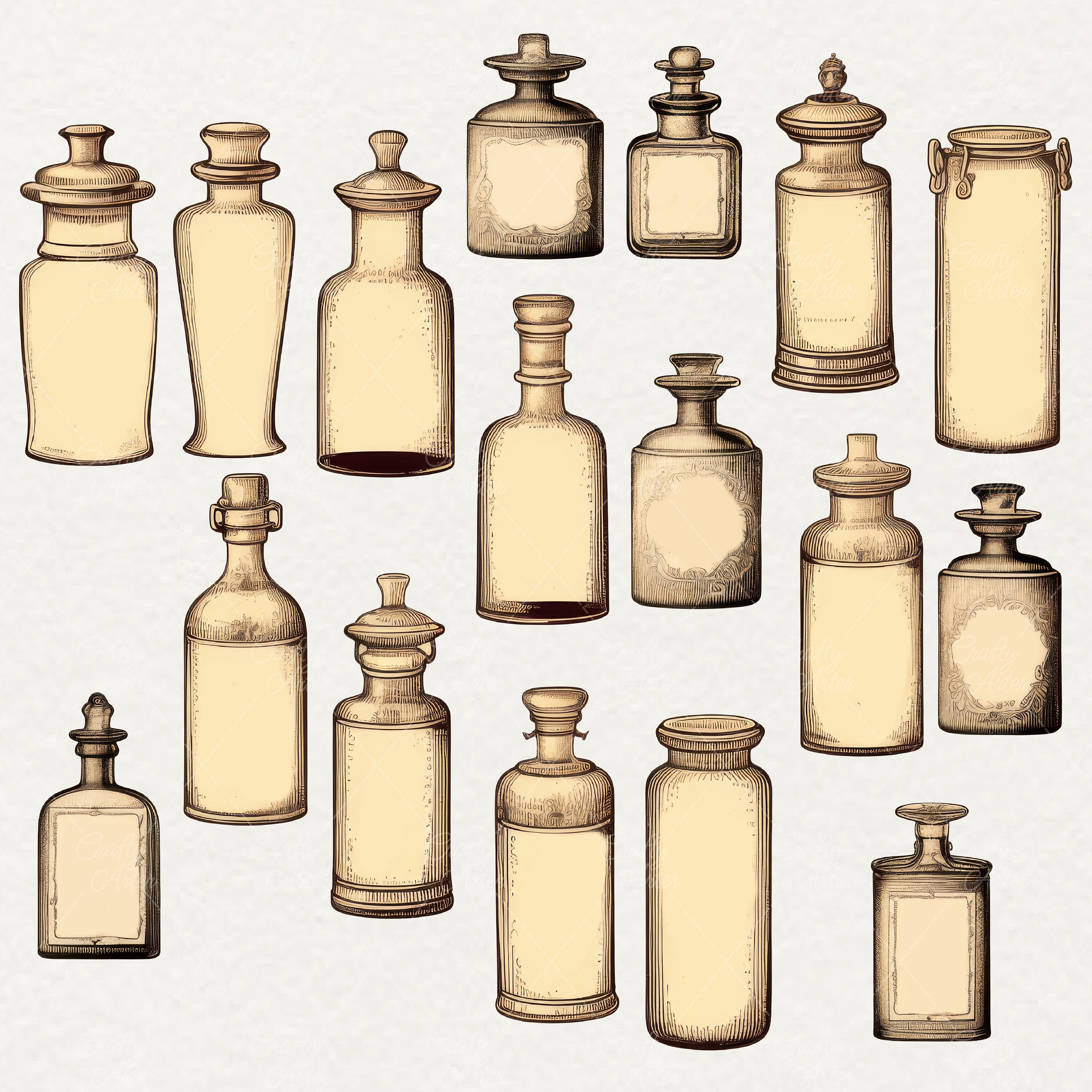 Vintage Apothecary Bottles Clipart: Antique Jars PNG Overlays (digital ...
