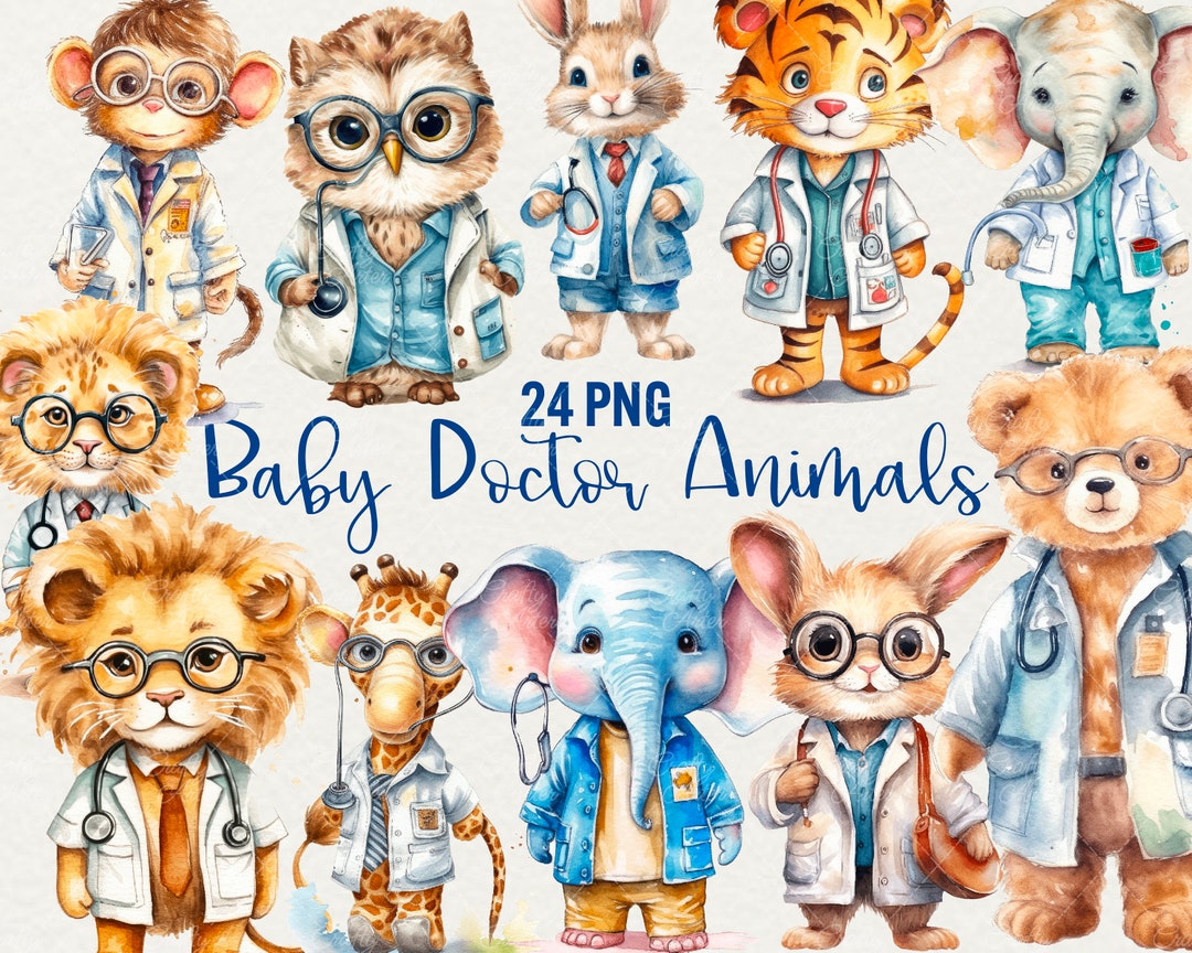 Watercolor Doctor Animals Clipart: 25 PNG Kids Illustrations ...