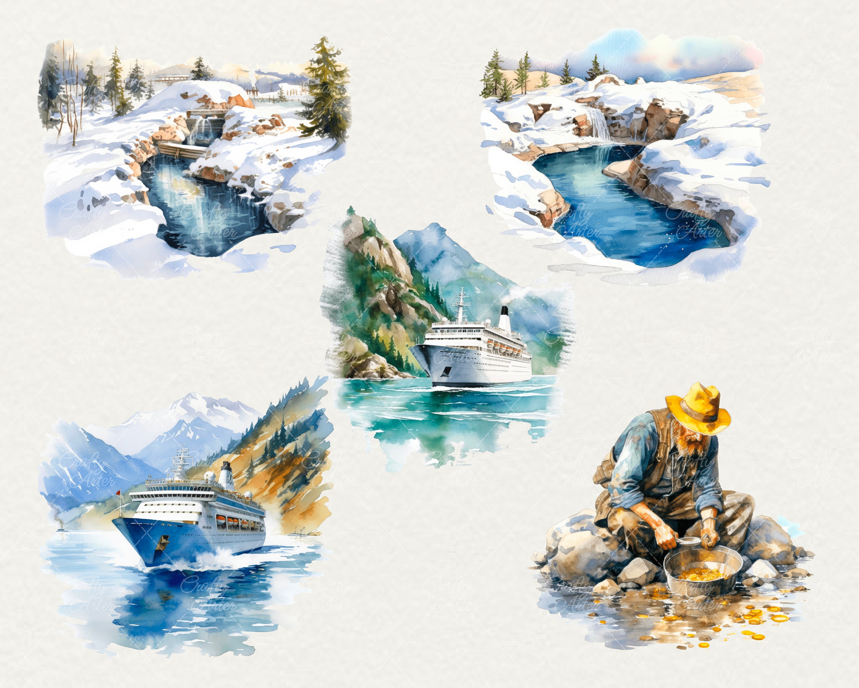 Watercolor Alaska Clipart: 37 PNG Landscape Illustrations (commercial ...