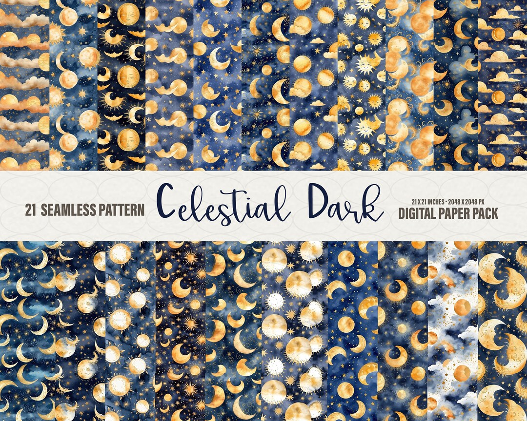 Celestial Digital Paper, 21 Seamless Patterns Dark Night Sky Seamless ...