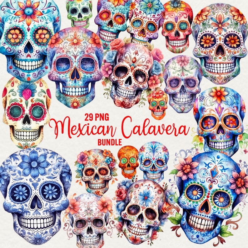 Watercolor Mexican Calavera Clipart: 29 PNG Skulls (commercial Use) - Etsy
