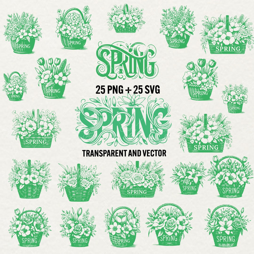 Spring Flower Basket 25 Svg + PNG Bundle, Floral Basket Svg, Spring ...