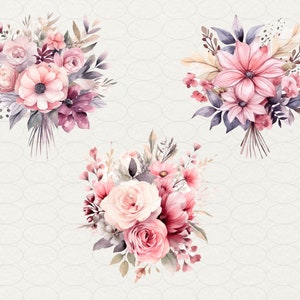 Watercolor Pink Boho Flowers Clipart, 20 PNG Watercolor Boho Pink ...