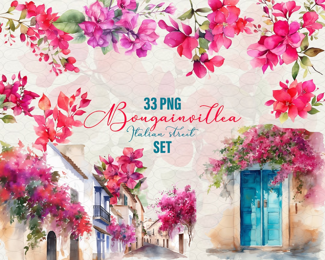 Watercolor Bougainvillea Clipart Set, 33 PNG for Invitation Gift Cards ...