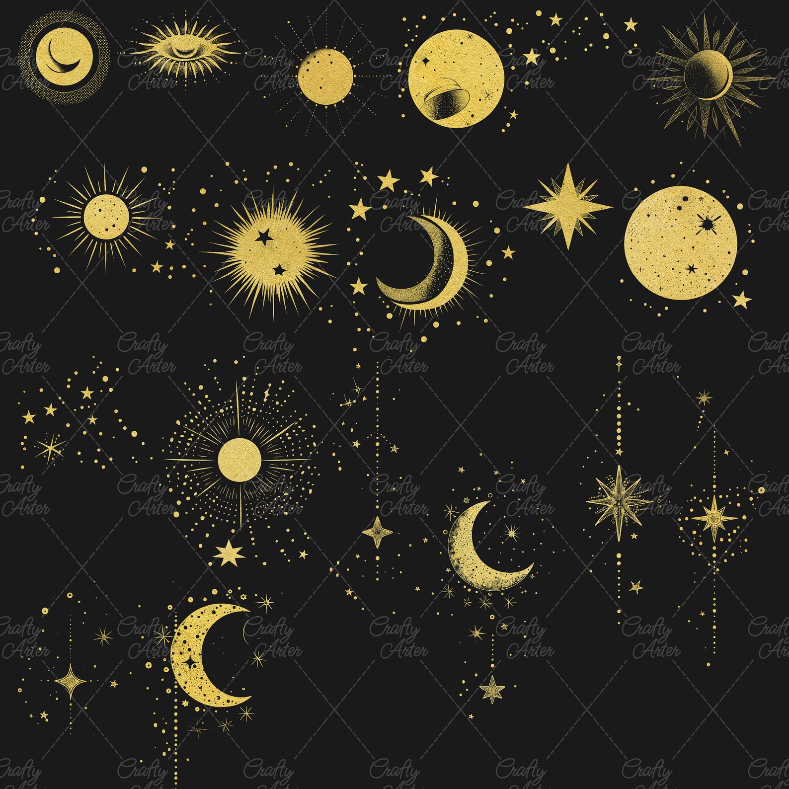 Gold Celestial Clipart: Moon, Sun, Stars - 66 PNG Elements (commercial ...