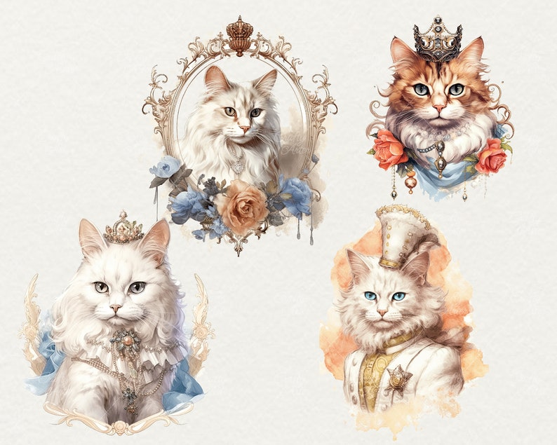 Watercolor Rococo Cats Clipart: Elegant Animal PNG (commercial Use) - Etsy