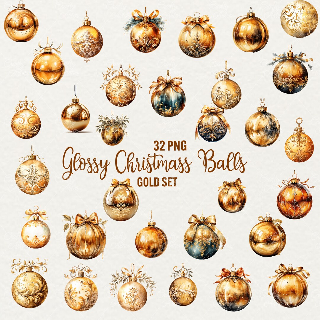 Watercolor Gold Christmas Balls Clipart, Tree Glossy Ball Clipart ...