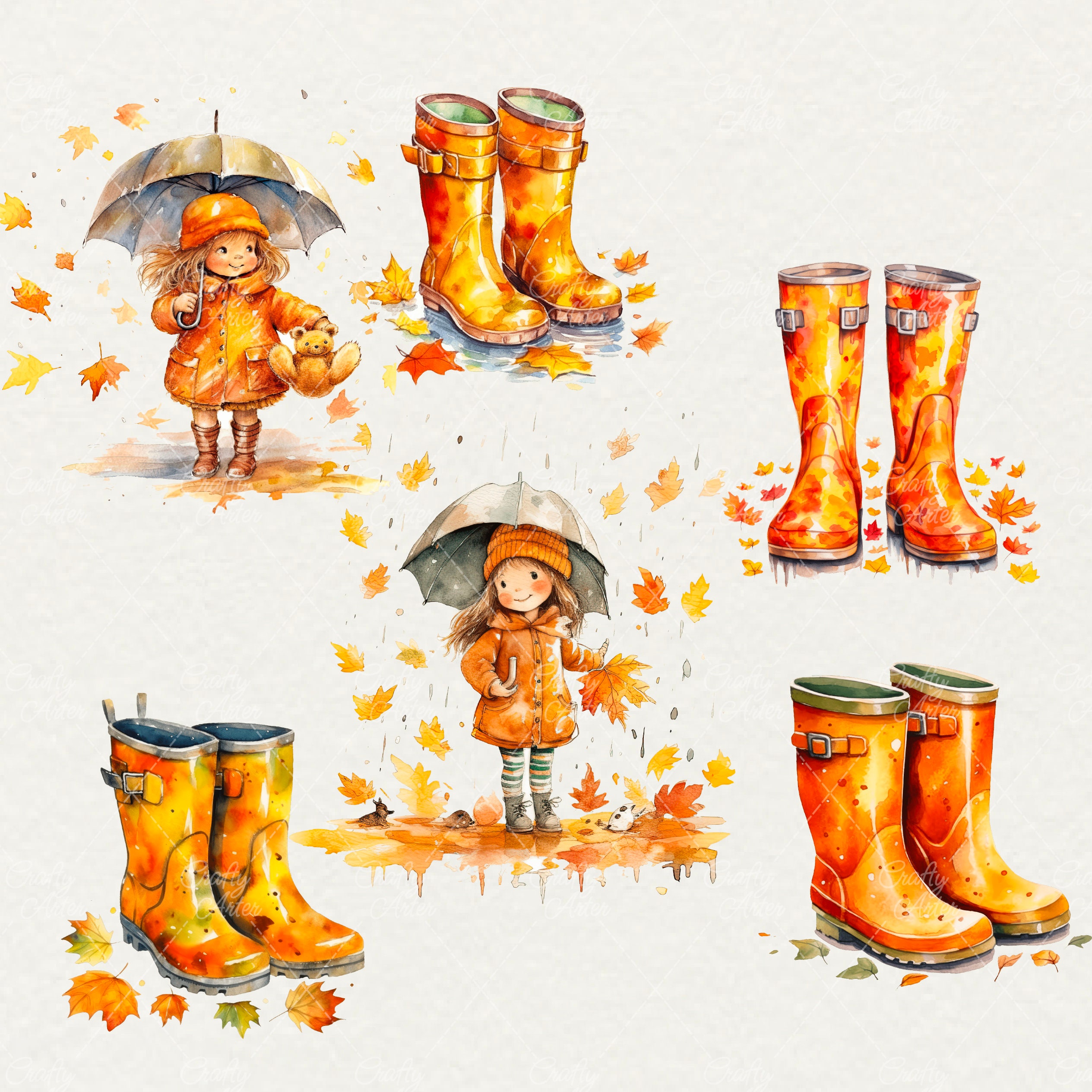 Watercolor Autumn Kids Clipart: Rainy Day PNG Set (commercial Use) - Etsy
